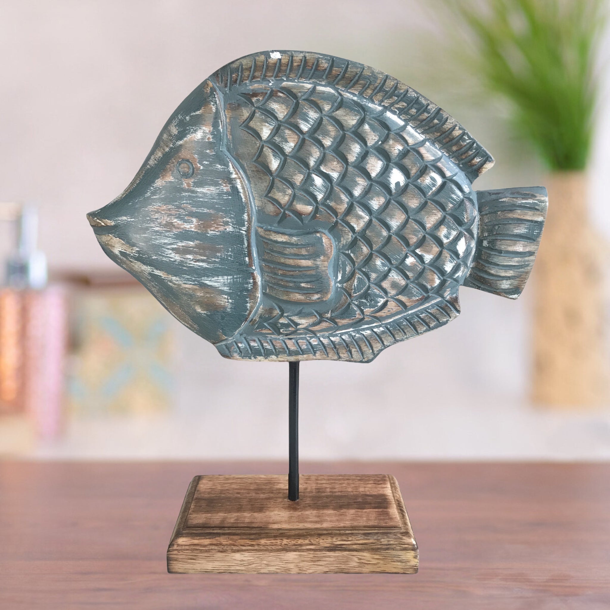 Kezevel Wooden Fish Table Decor - Blue and Brown Showpieces for Living ...