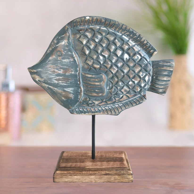 Kezevel Wooden Fish Table Decor - Blue and Brown Showpieces for Living ...
