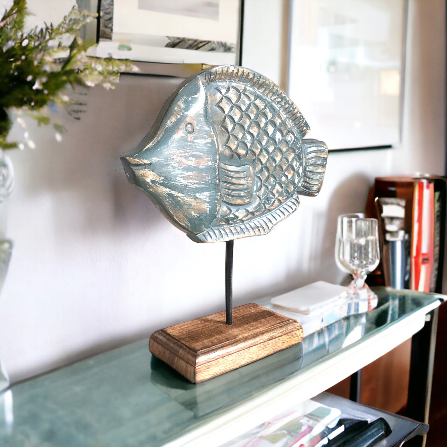 Kezevel Wooden Fish Table Decor - Blue and Brown Showpieces for Living ...