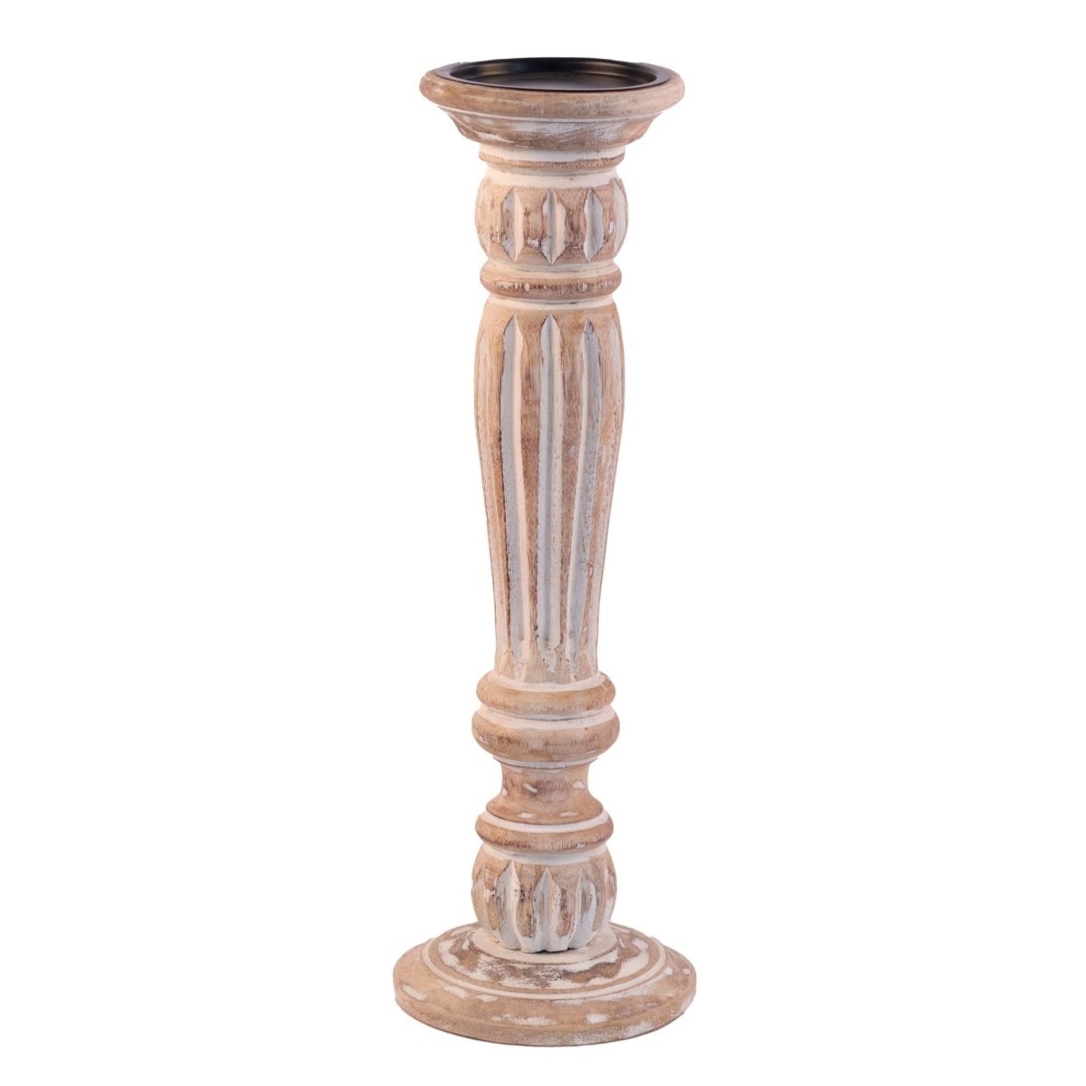 Kezevel Wooden Candle Stand - Artistic 15" H White and Brown Mango Wood ...