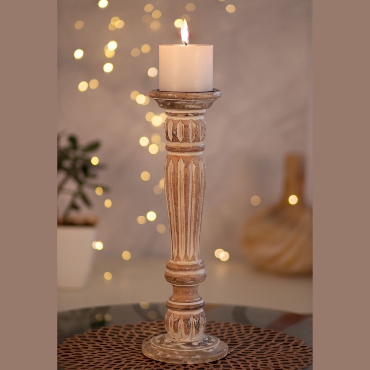 Kezevel Wooden Candle Stand - Artistic 15" H White and Brown Mango Wood ...
