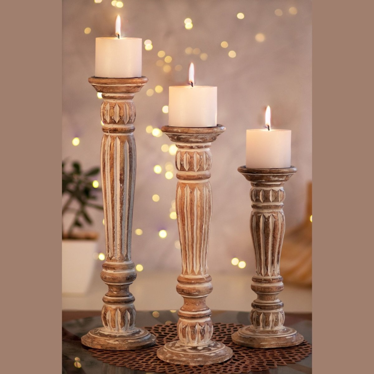 Kezevel Wooden Candle Stand - Artistic 15" H White and Brown Mango Wood ...