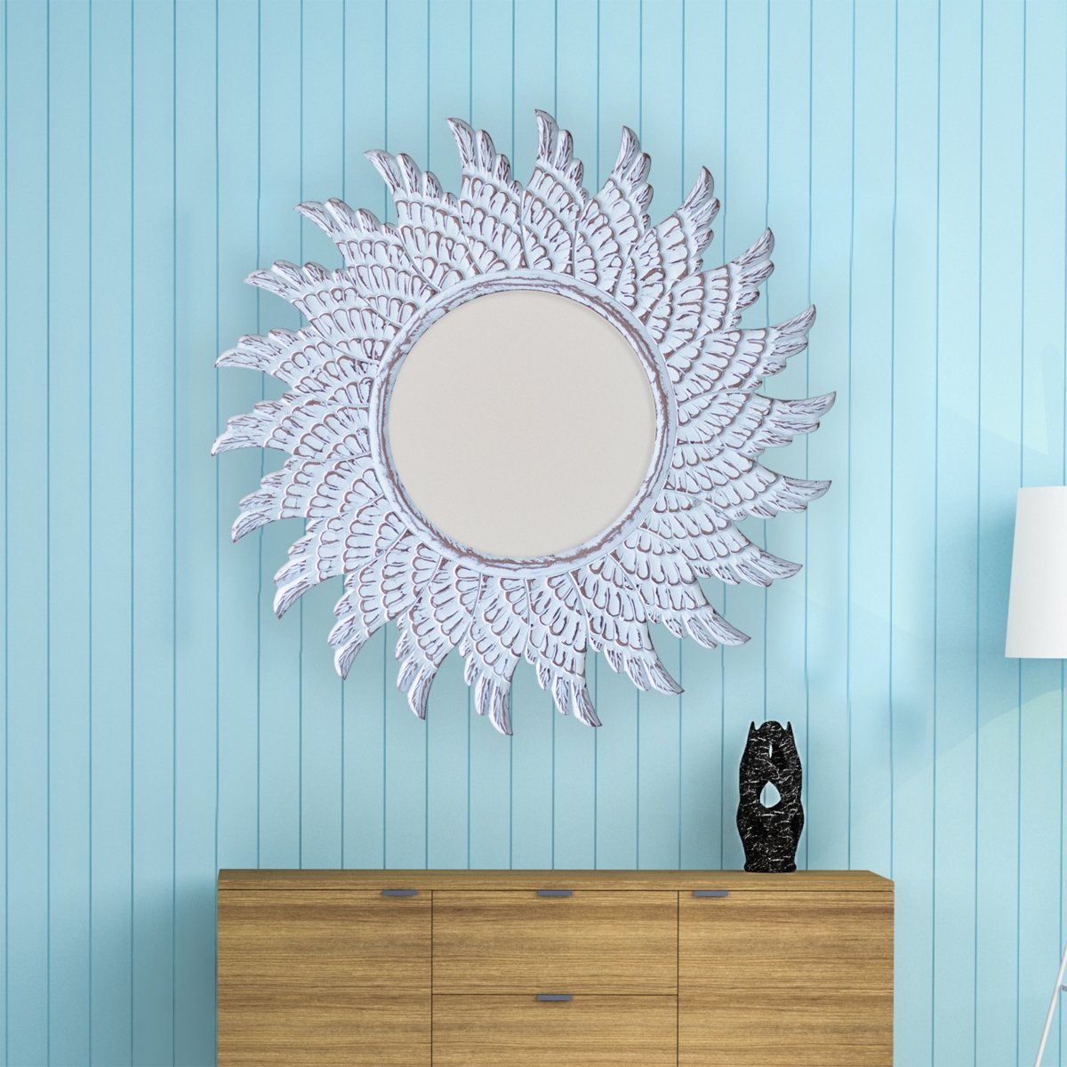 Kezevel Wooden Wall Hanging Mirror - Round White Brown Handcrafted ...